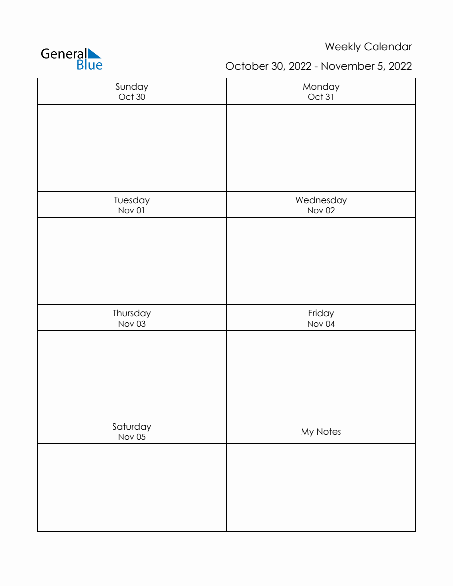 Printable Weekly Planner Template (October 30 to November 5, 2022)