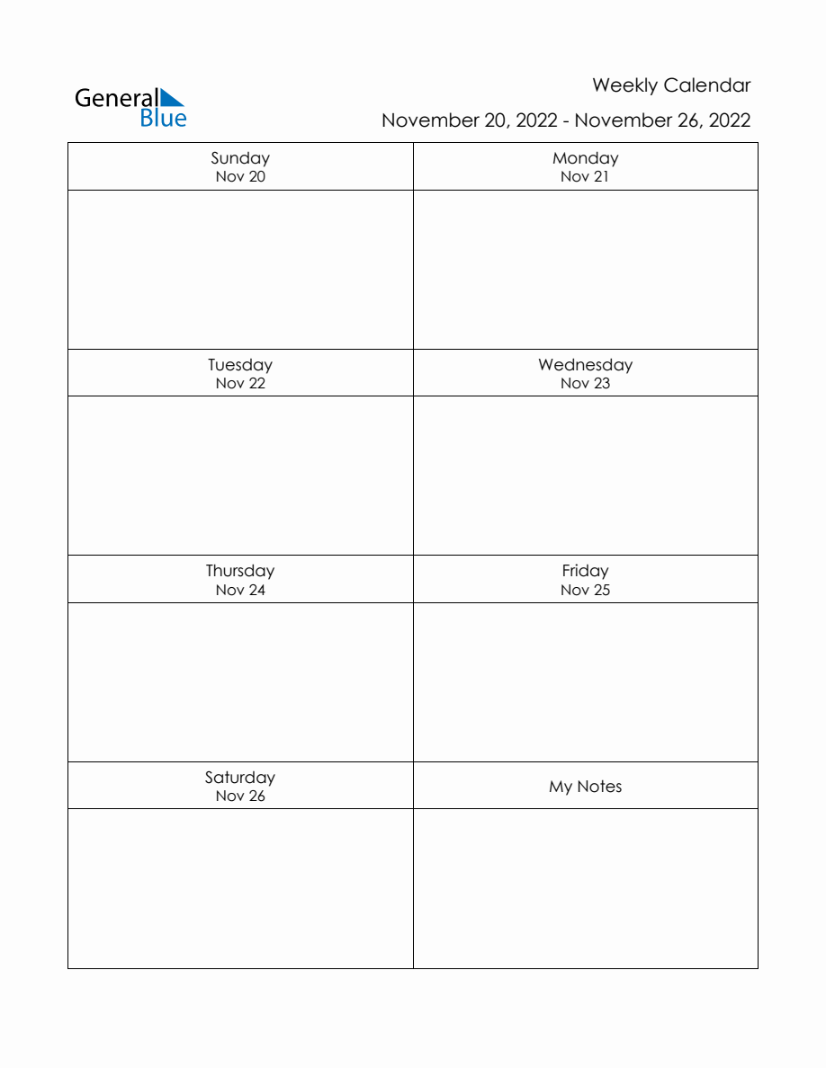 Printable Weekly Planner Template (November 20 to November 26, 2022)