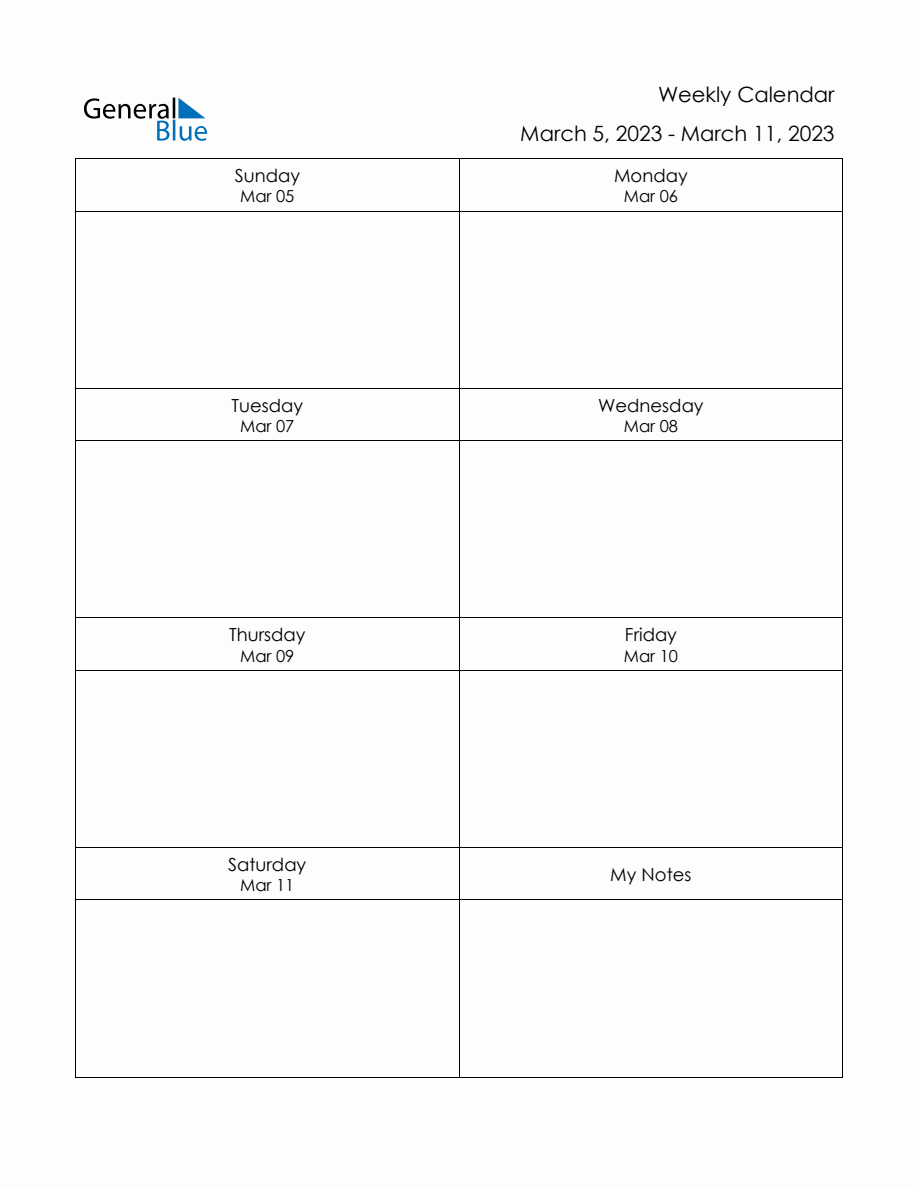 Printable Weekly Planner Template (March 5 to March 11, 2023)