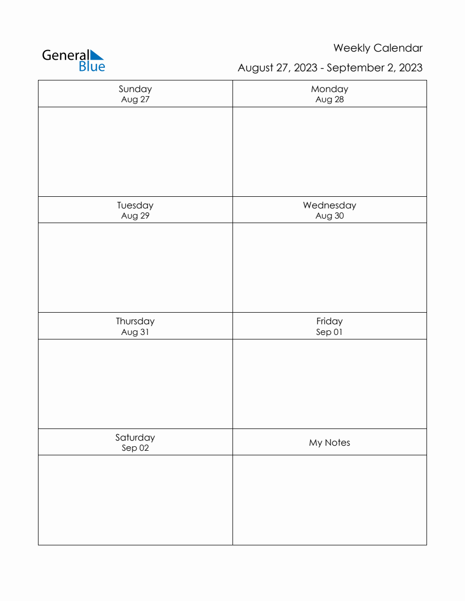 Printable Weekly Planner Template (August 27 to September 2, 2023)