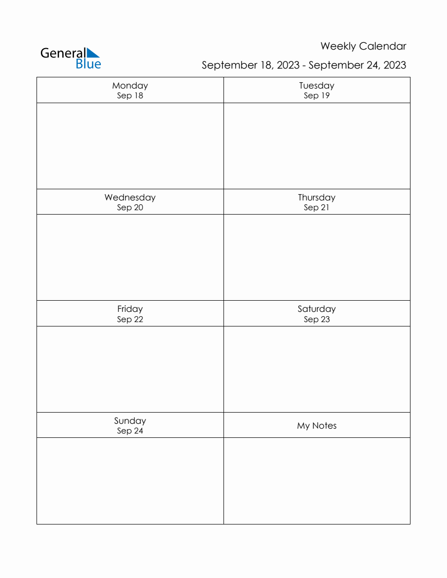 Printable Weekly Planner Template (September 18 to September 24, 2023)