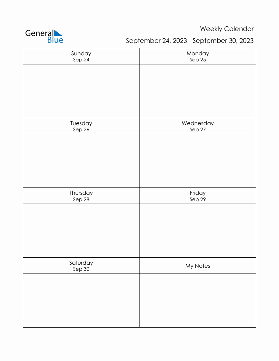 Printable Weekly Planner Template (September 24 to September 30, 2023)