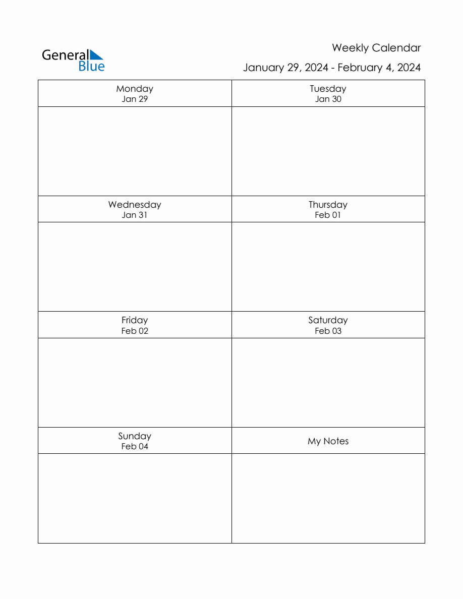 Printable Weekly Planner Template (January 29 to February 4, 2024)