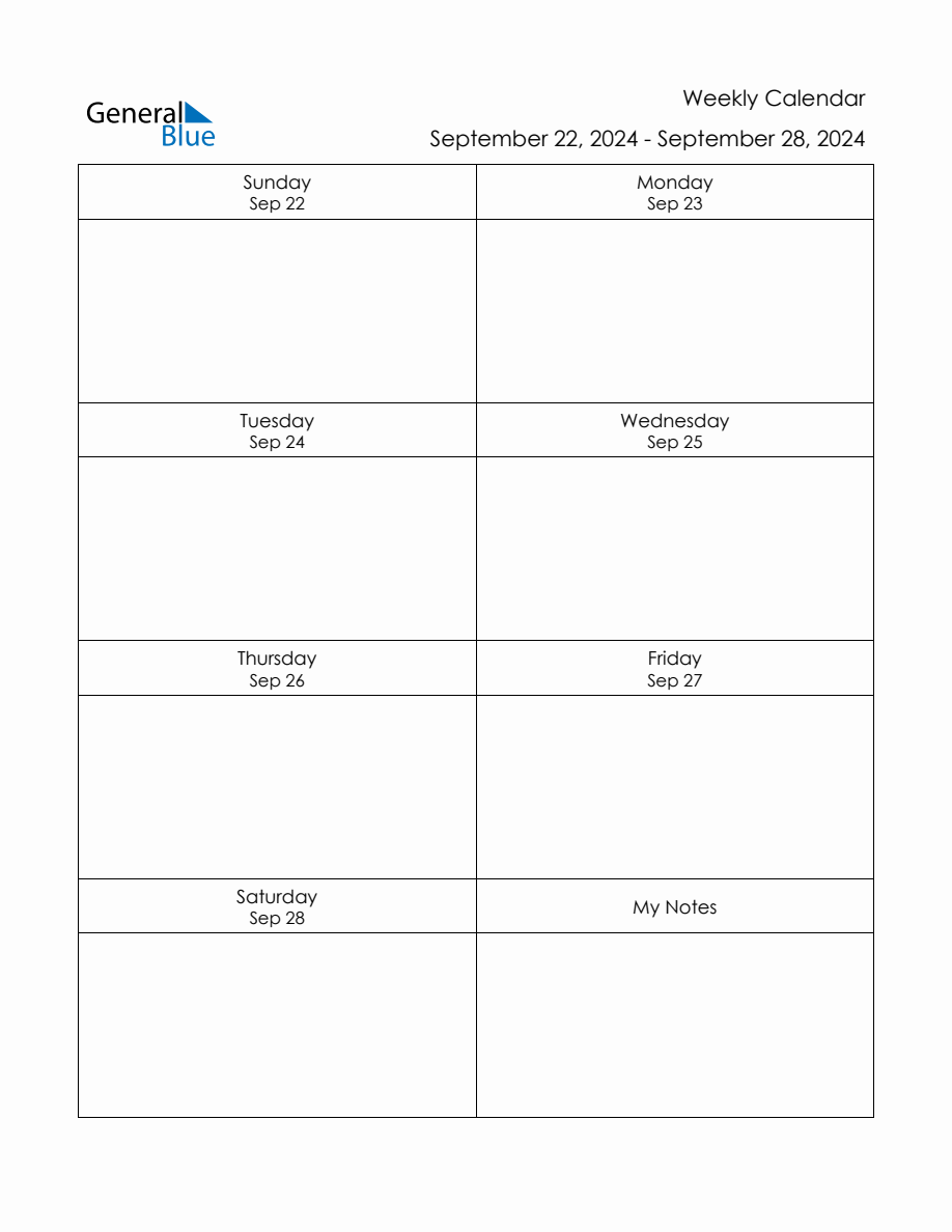 Printable Weekly Planner Template (September 22 to September 28, 2024)