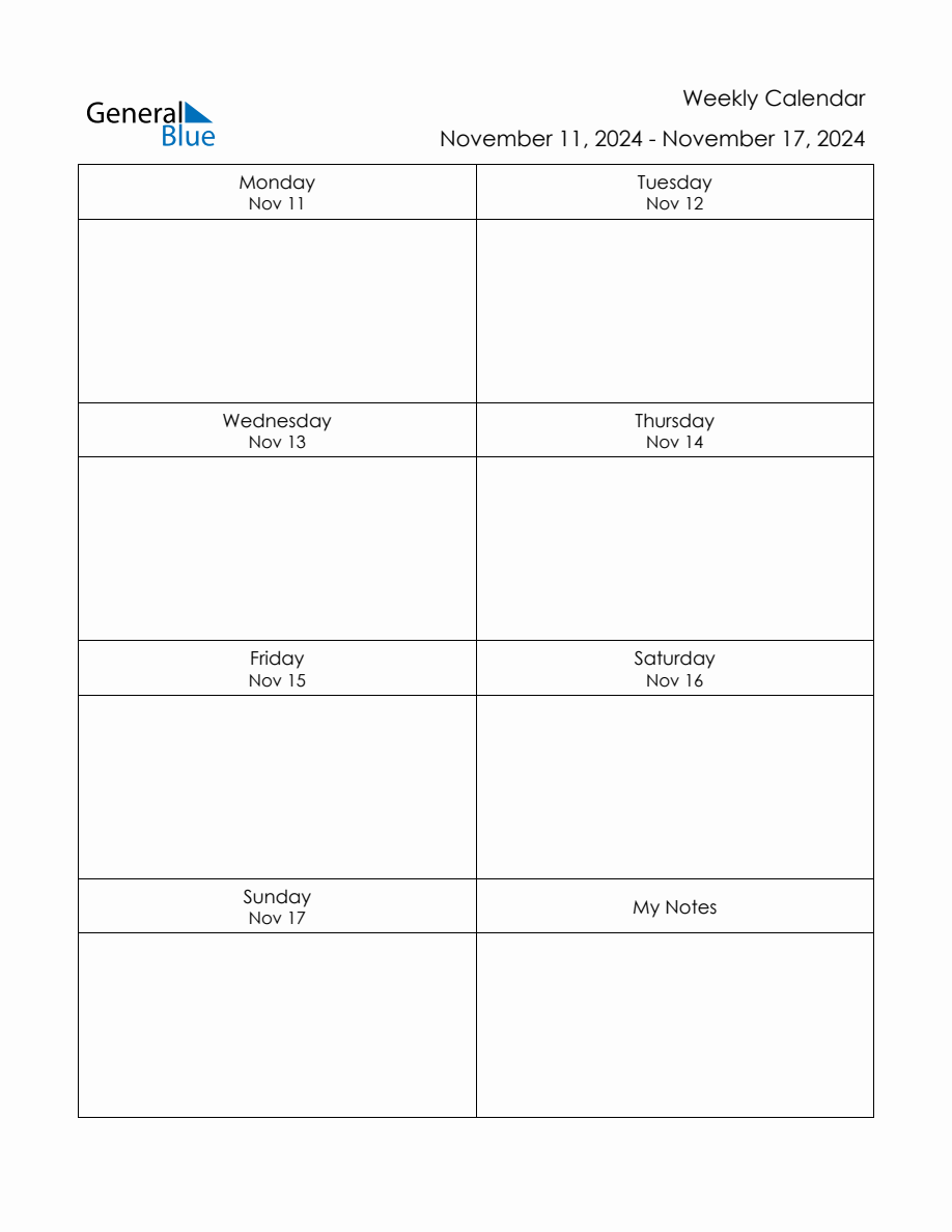 Printable Weekly Planner Template (November 11 to November 17, 2024)