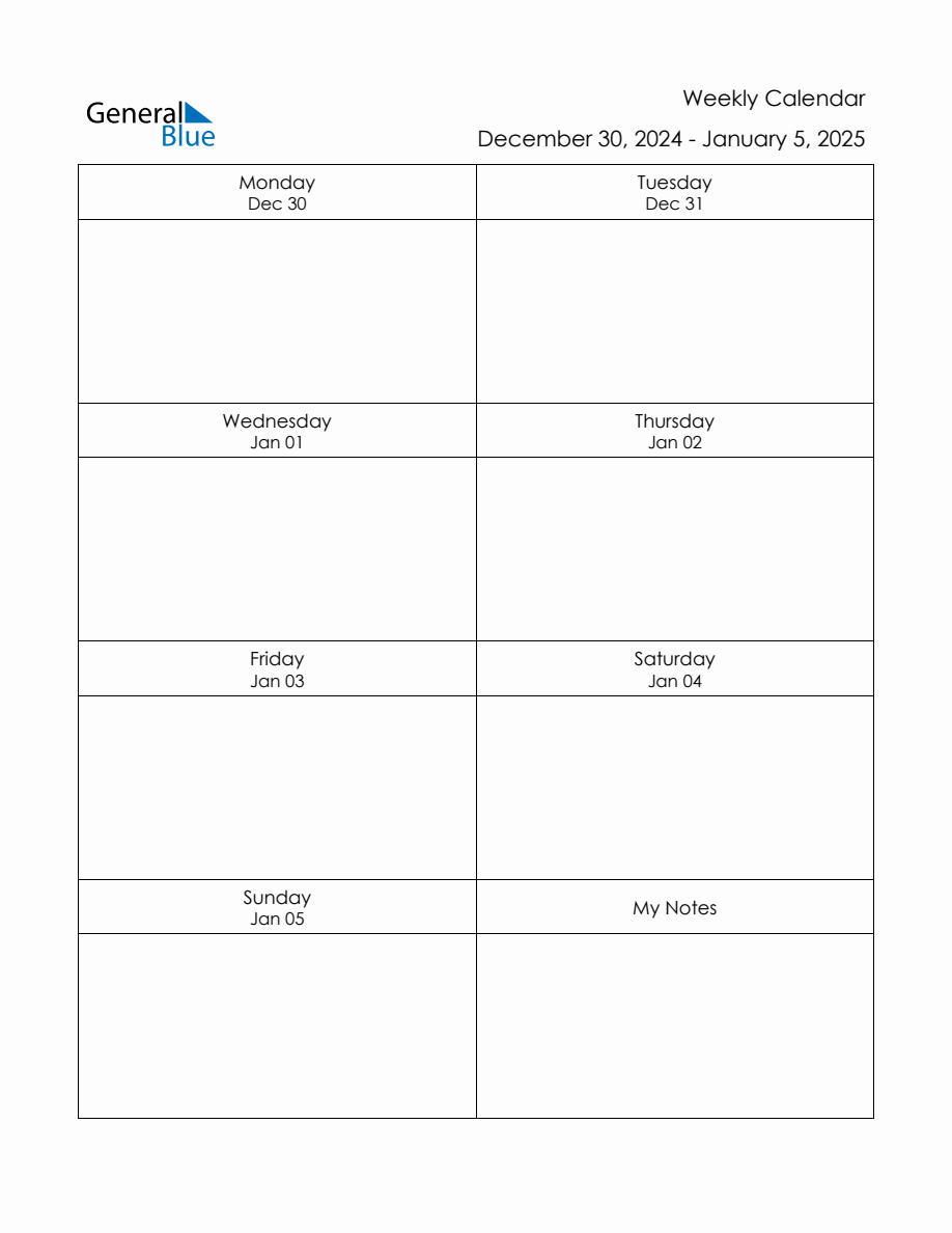 Printable Weekly Planner Template (December 30 to January 5, 2025)