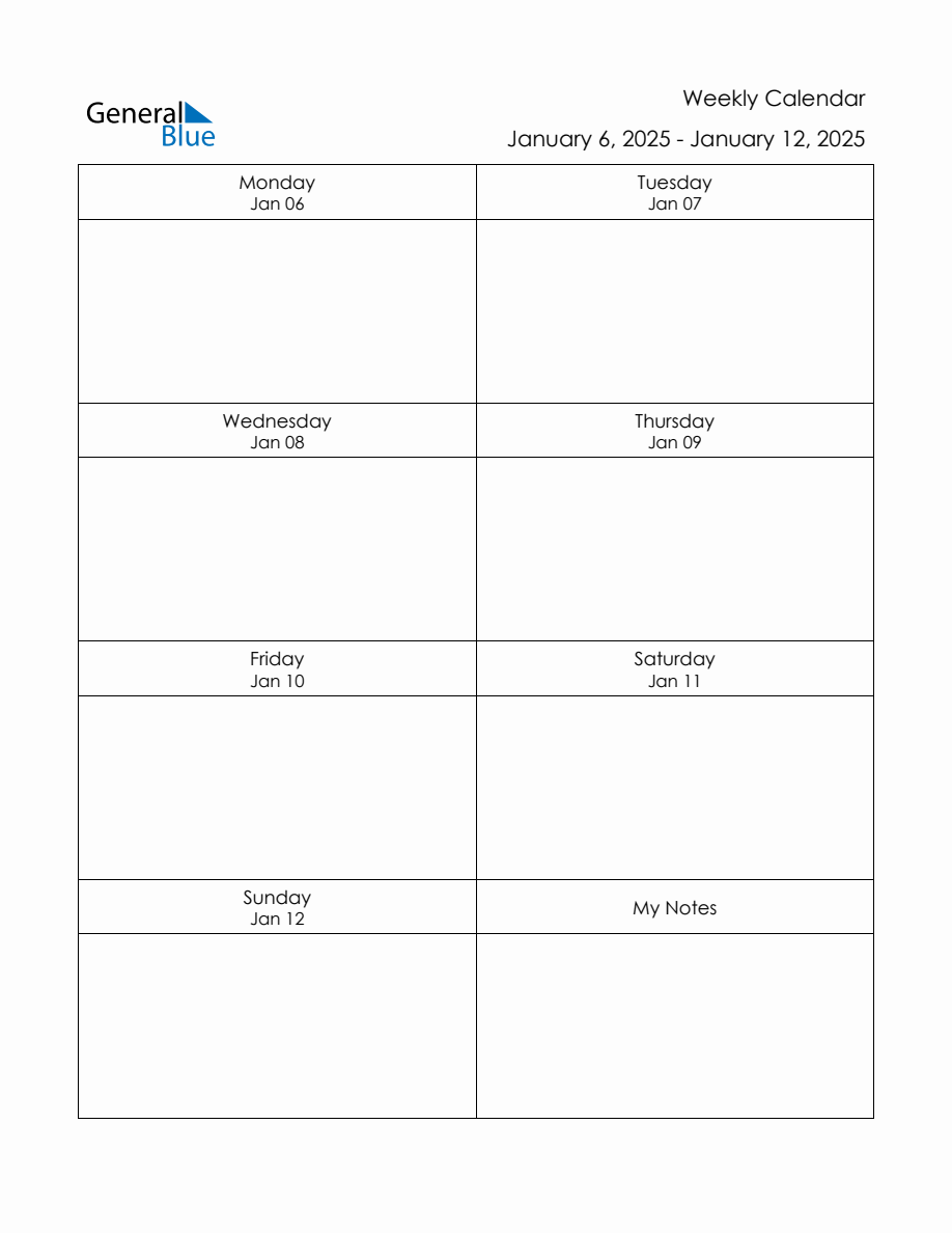 Printable Weekly Planner Template (January 6 to January 12, 2025)