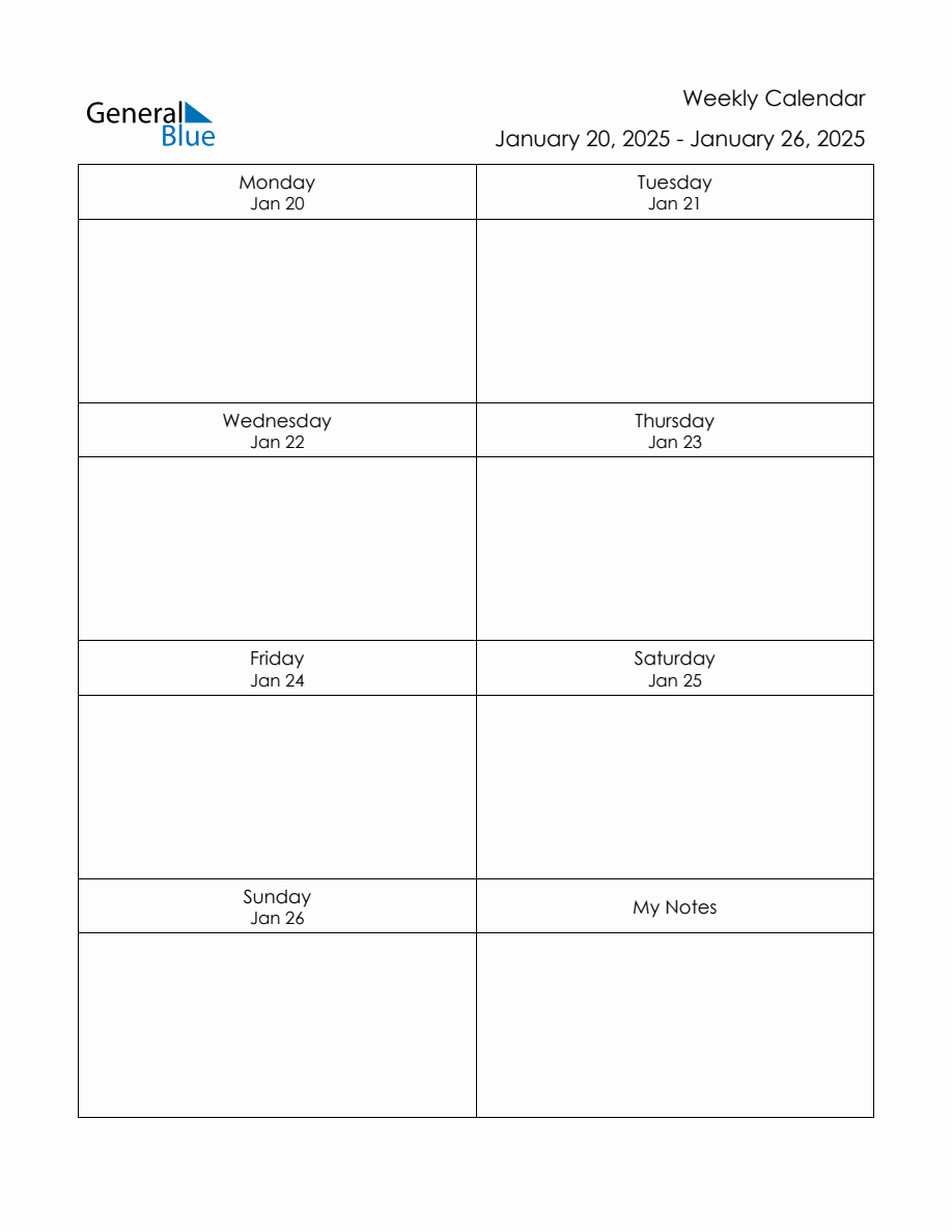 Printable Weekly Planner Template (January 20 to January 26, 2025)