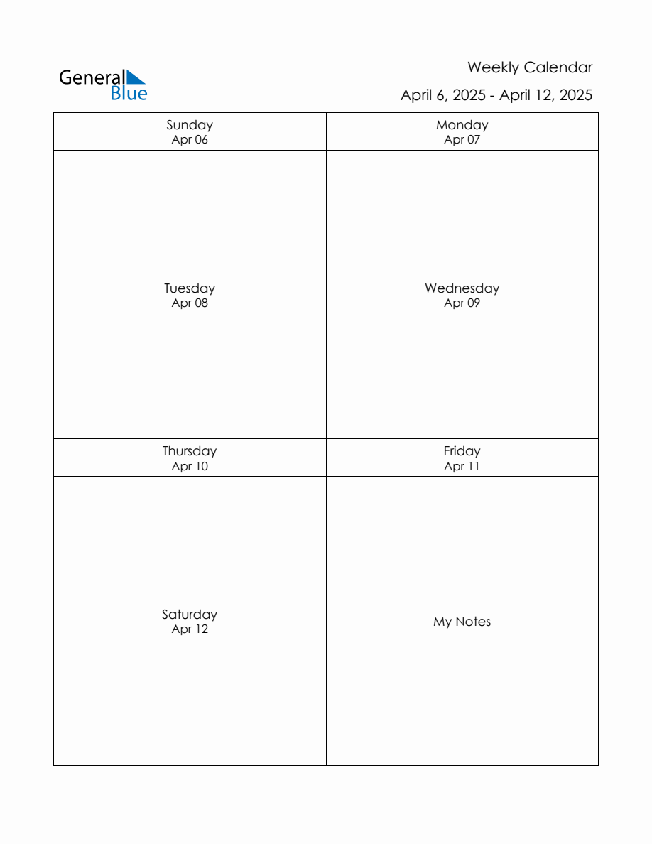 Printable Weekly Planner Template (April 6 to April 12, 2025)