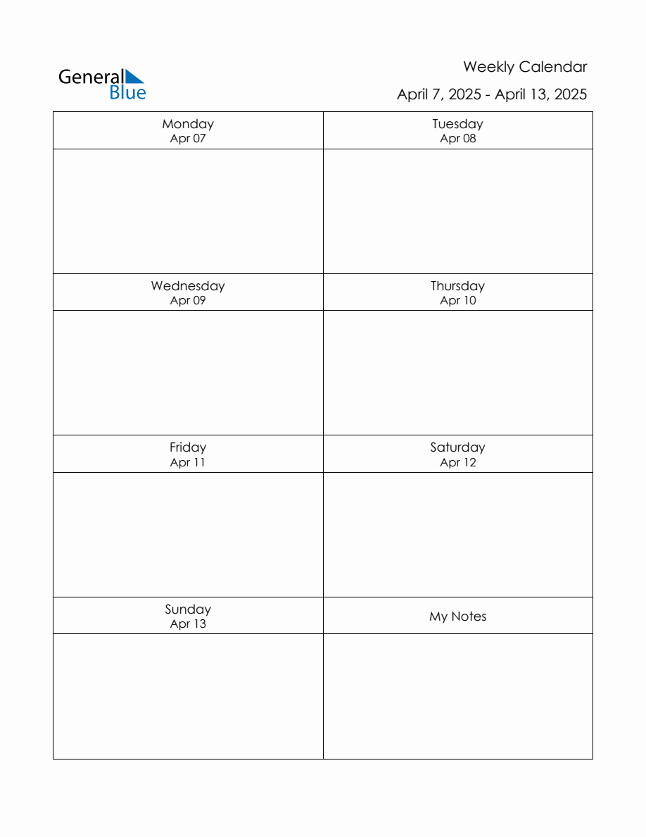 Printable Weekly Planner Template (April 7 to April 13, 2025)