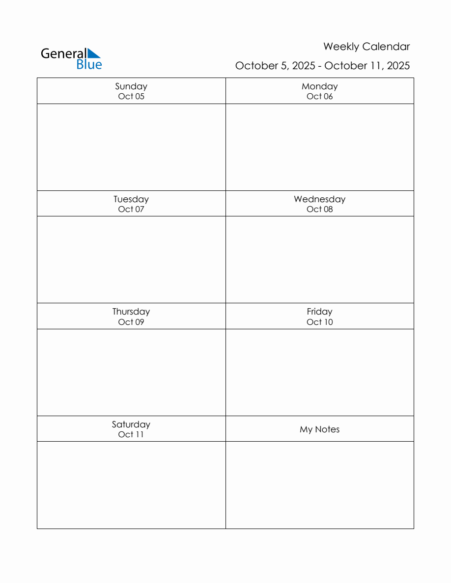 Printable Weekly Planner Template (October 5 to October 11, 2025)