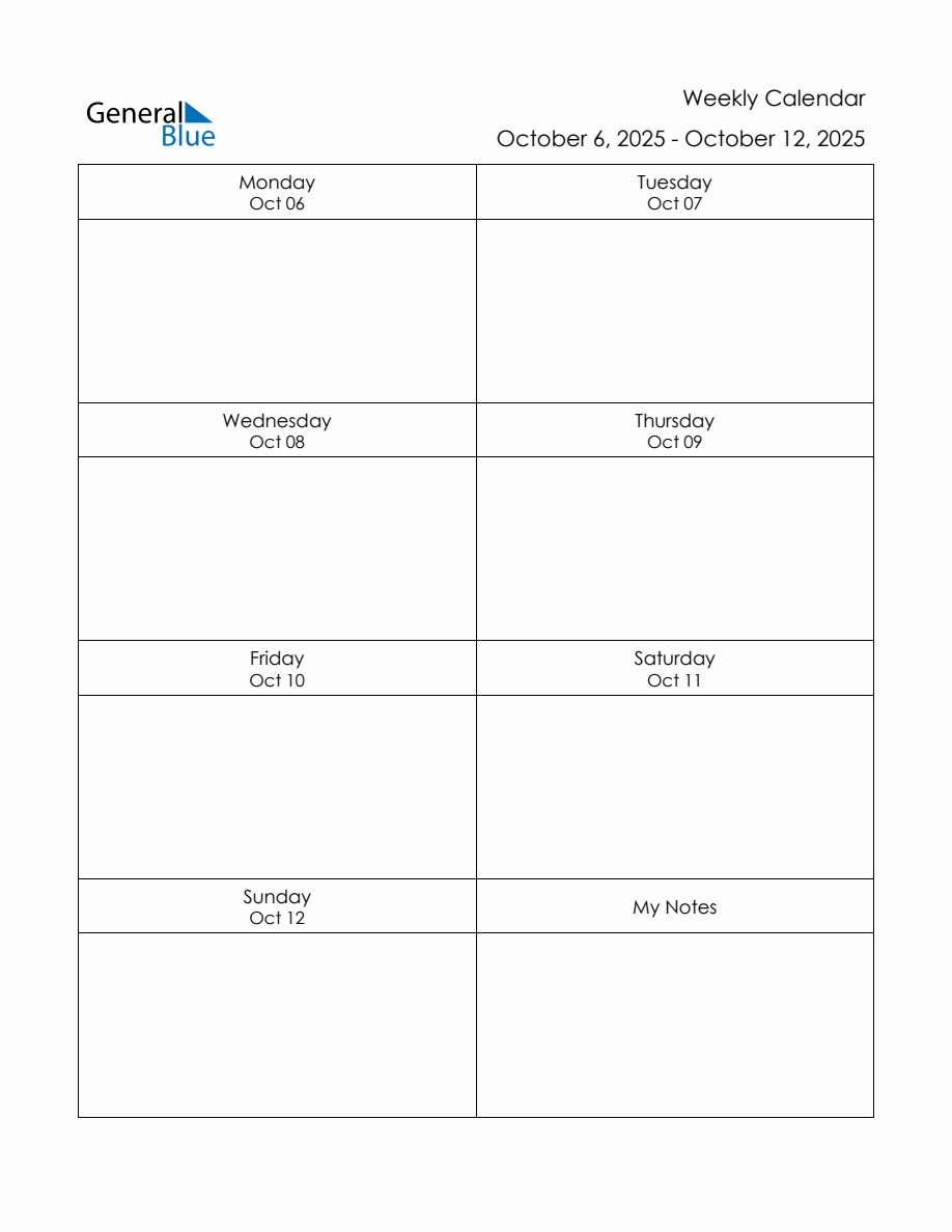Printable Weekly Planner Template (October 6 to October 12, 2025)