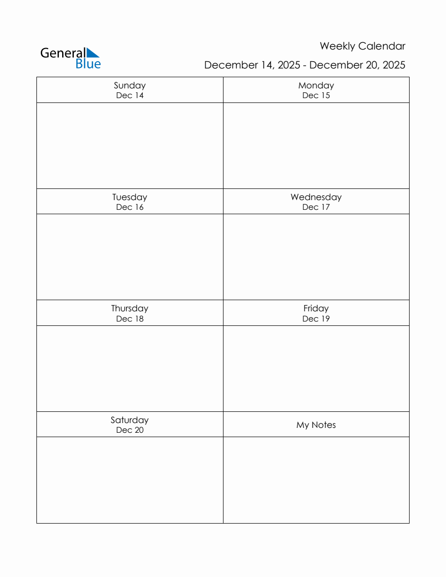 Printable Weekly Planner Template (December 14 to December 20, 2025)
