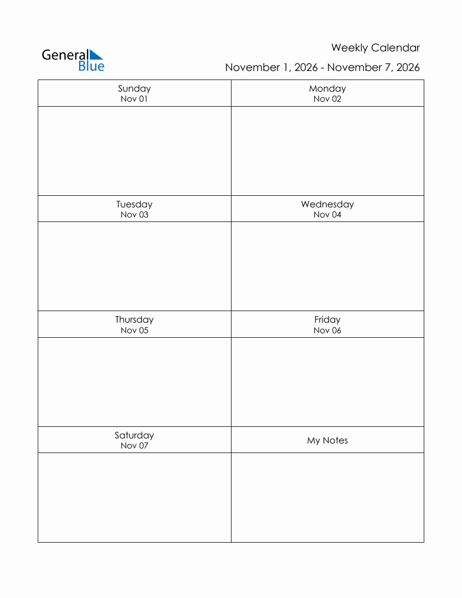 Printable Weekly Planner Template (November 1 to November 7, 2026)