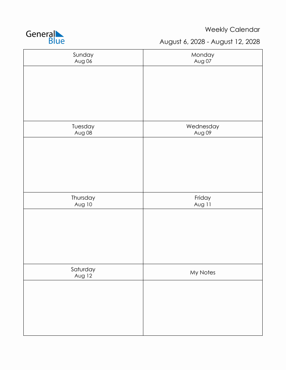 Printable Weekly Planner Template (August 6 to August 12, 2028)