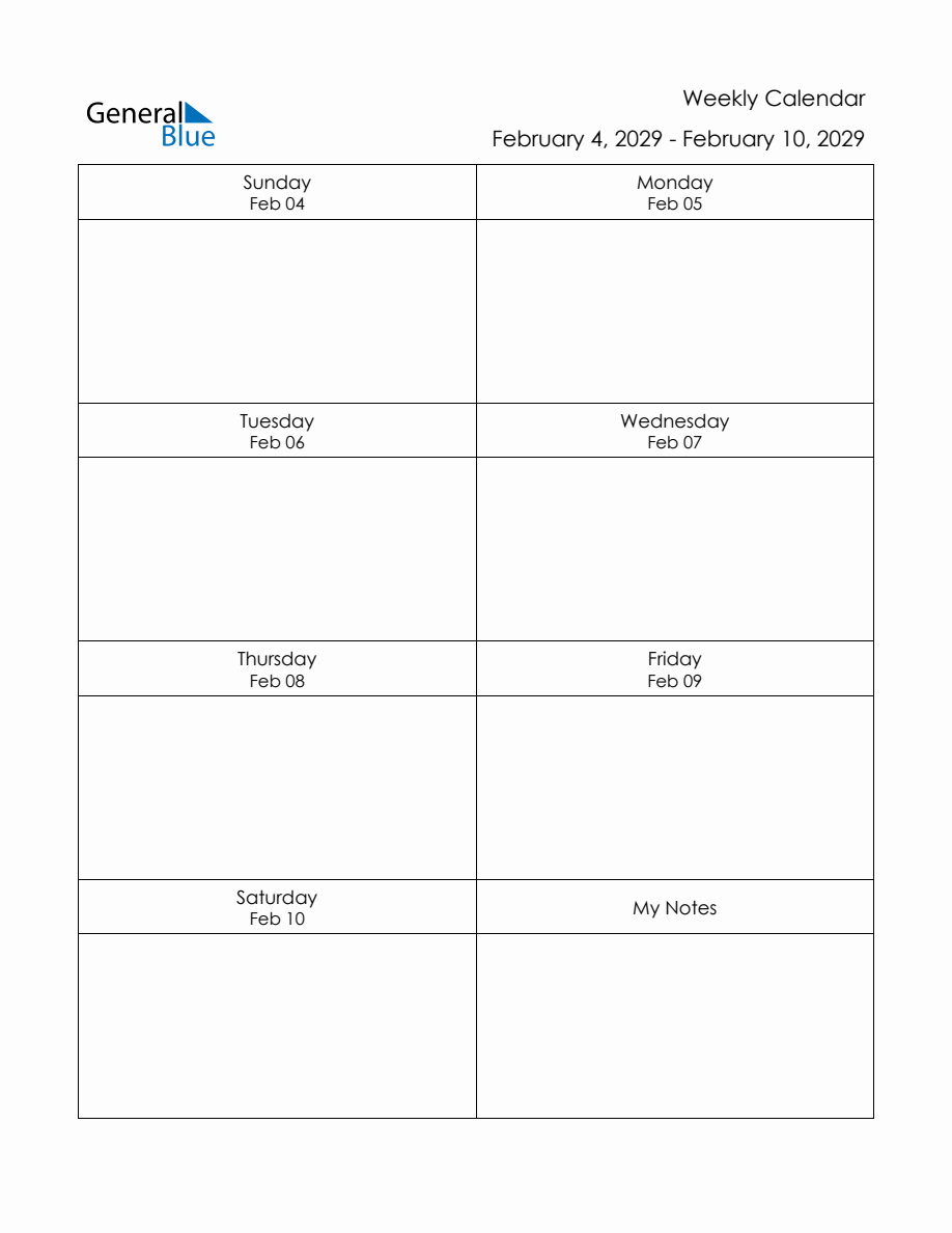 Printable Weekly Planner Template (February 4 to February 10, 2029)