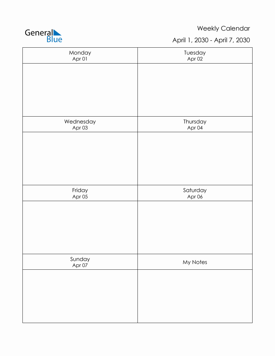 Printable Weekly Planner Template (April 1 to April 7, 2030)