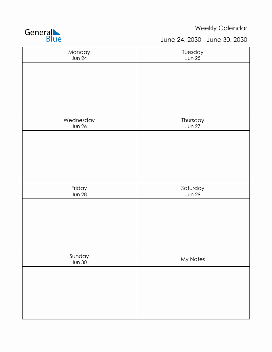 Printable Weekly Planner Template (June 24 to June 30, 2030)