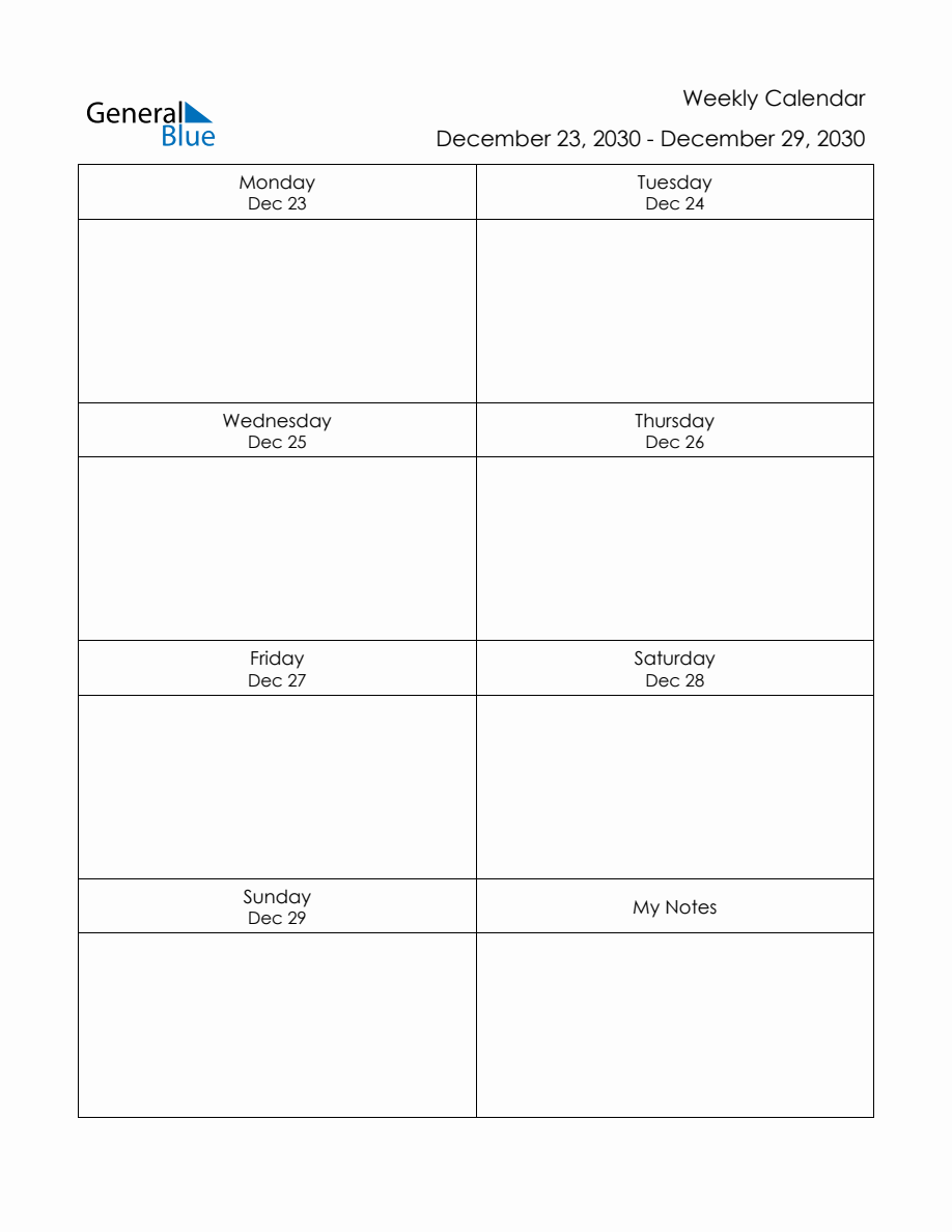 Printable Weekly Planner Template (December 23 to December 29, 2030)