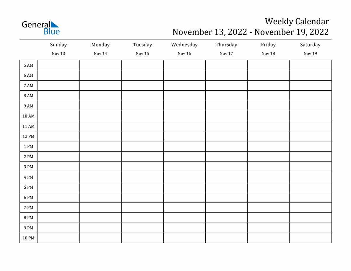 Weekly Calendar with Time Slots - Week of November 13, 2022