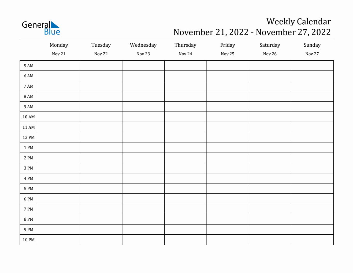 Weekly Calendar with Time Slots - Week of November 21, 2022