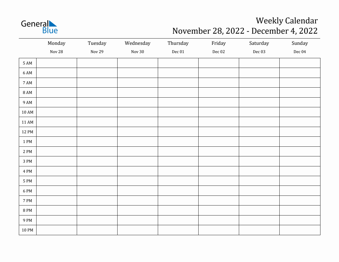 Weekly Calendar with Time Slots - Week of November 28, 2022