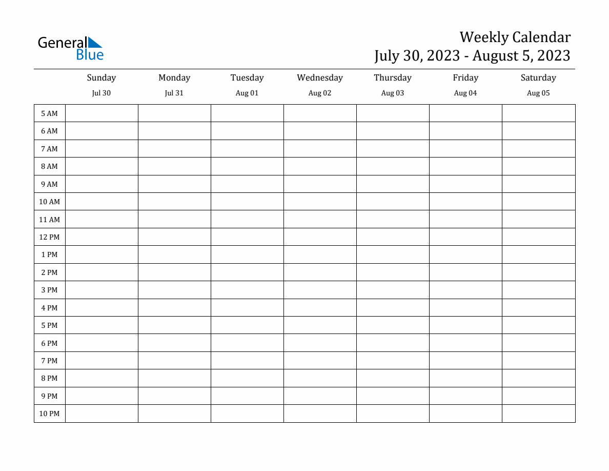 Weekly Calendar with Time Slots - Week of July 30, 2023