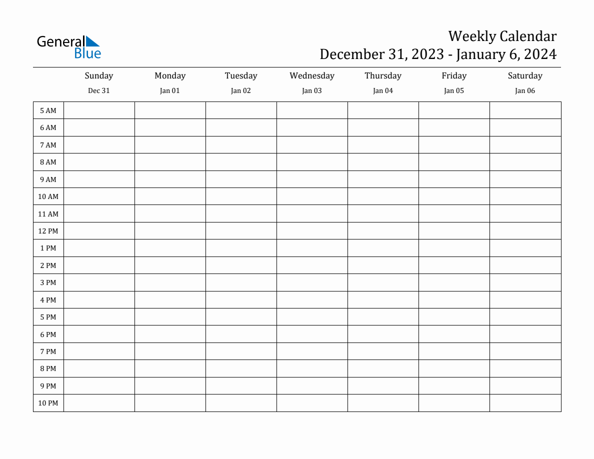 Weekly Calendar with Time Slots - Week of December 31, 2023