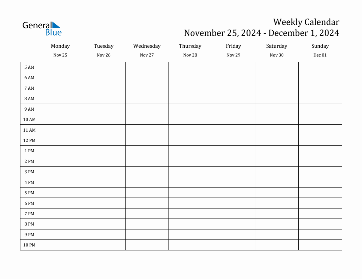 Weekly Calendar with Time Slots - Week of November 25, 2024