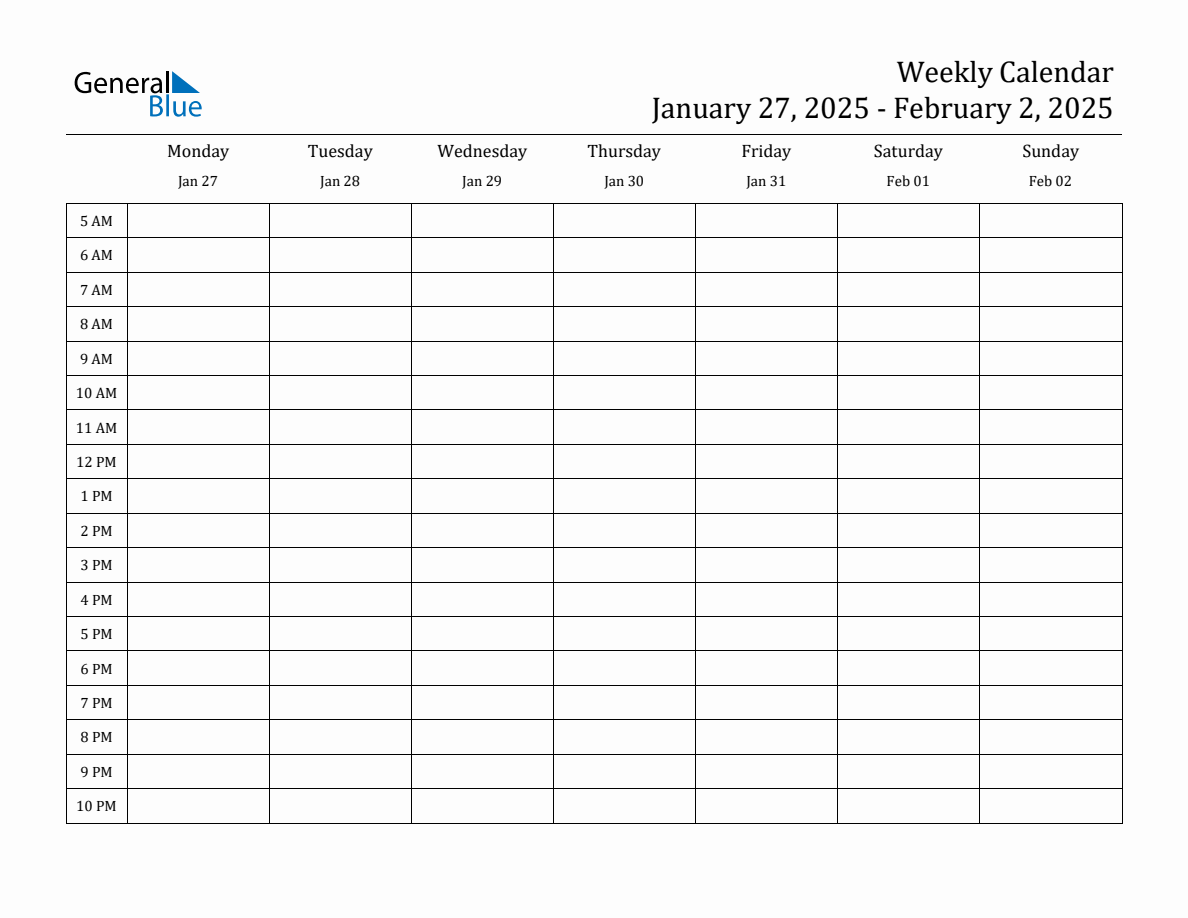 Weekly Calendar with Time Slots - Week of January 27, 2025