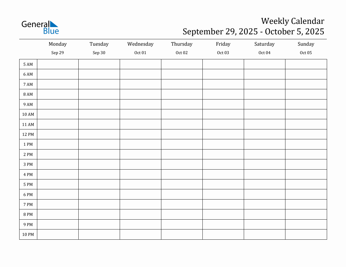 Weekly Calendar with Time Slots - Week of September 29, 2025