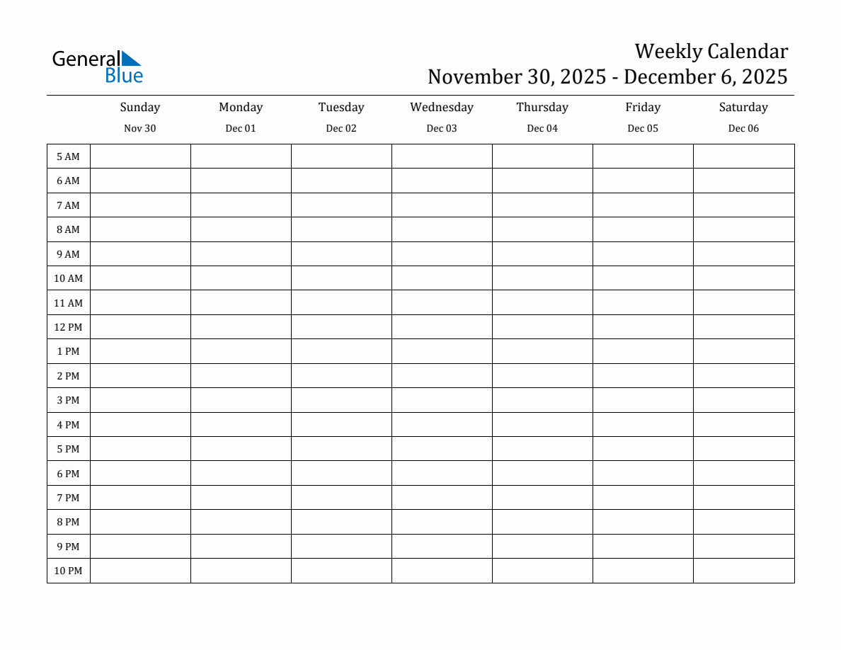 Weekly Calendar with Time Slots - Week of November 30, 2025