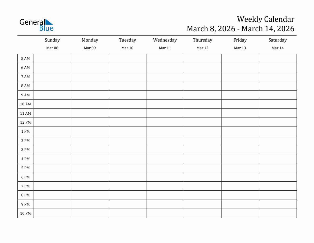 Weekly Calendar with Time Slots - Week of March 8, 2026