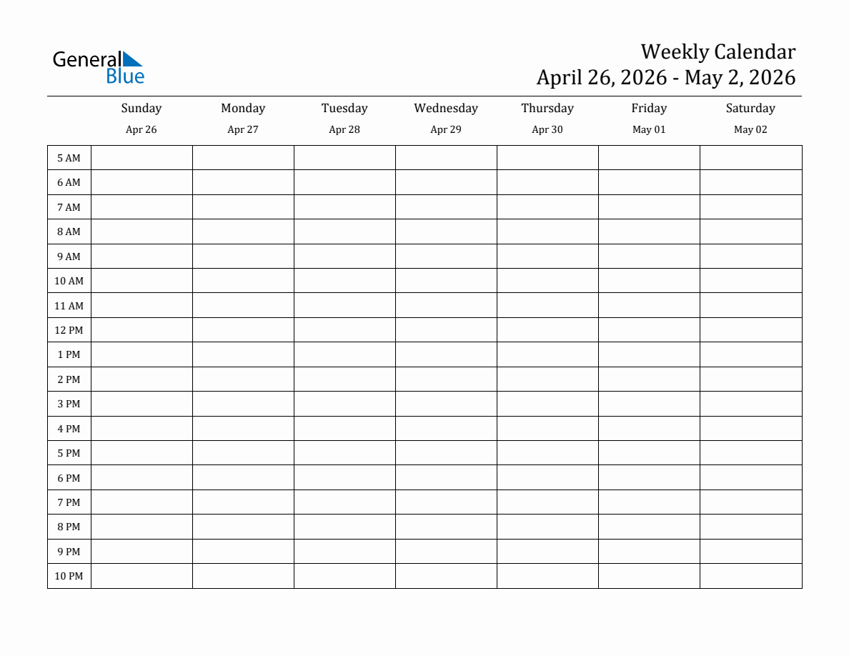 Weekly Calendar with Time Slots - Week of April 26, 2026
