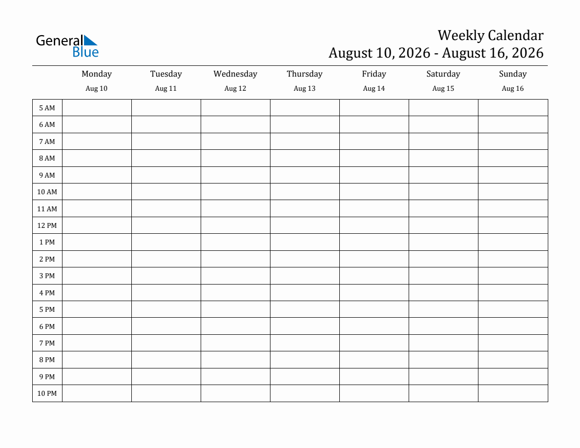 Weekly Calendar with Time Slots - Week of August 10, 2026