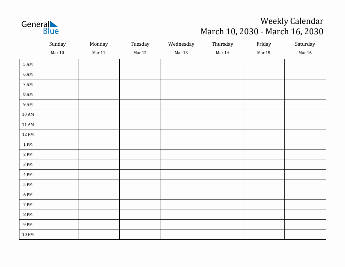 Weekly Calendar with Time Slots - Week of March 10, 2030