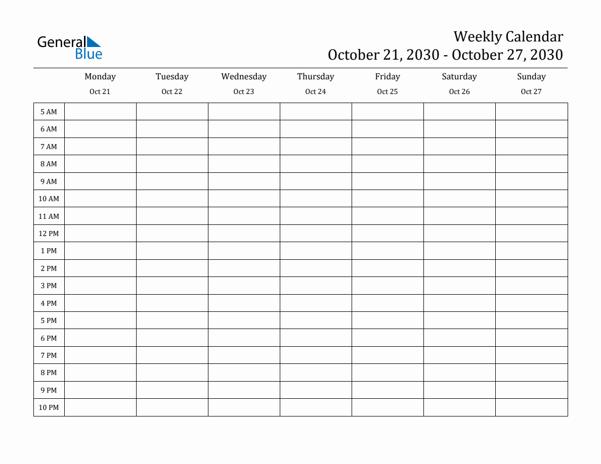 Weekly Calendar with Time Slots - Week of October 21, 2030