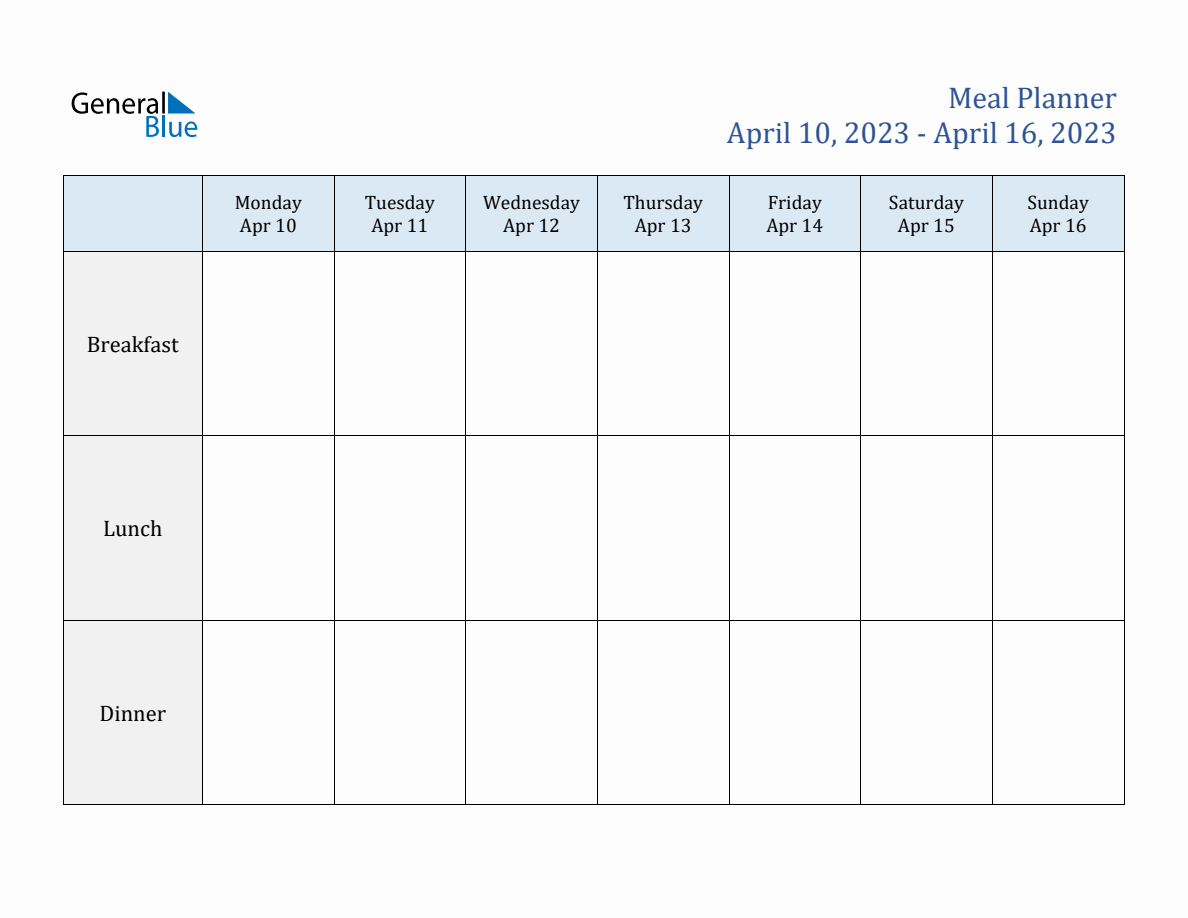 Free Weekly Meal Planner Template for Week 15 of 2023 (Apr 10 to Apr 16)