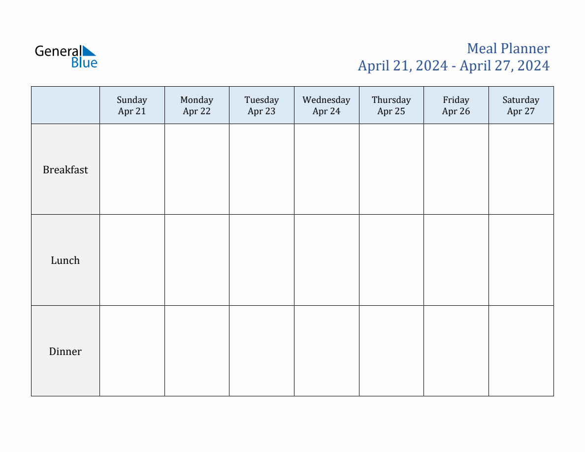 Free Weekly Meal Planner Template for Week 17 of 2024 (Apr 21 to Apr 27)