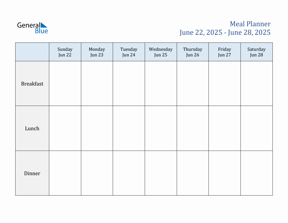 Free Weekly Meal Planner Template for Week 26 of 2025 (Jun 22 to Jun 28)