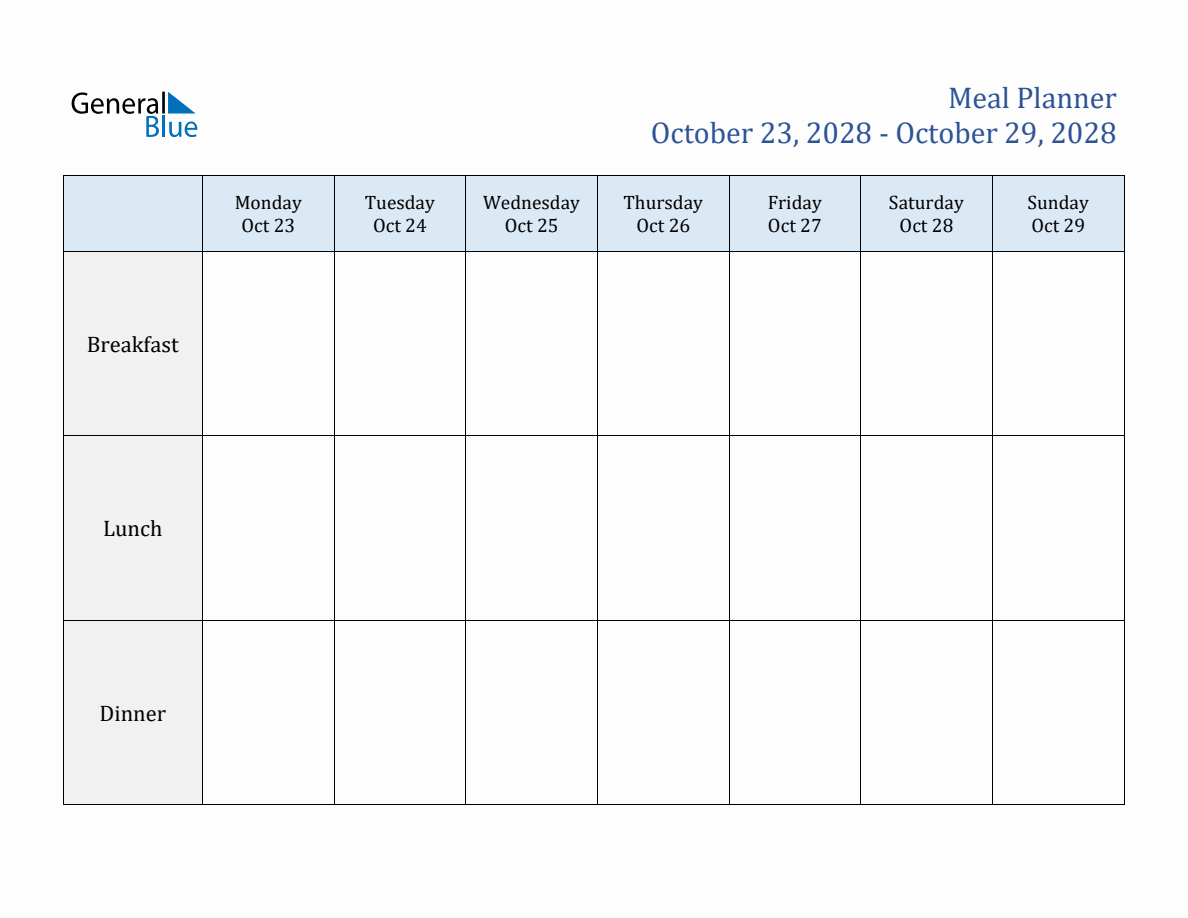Free Weekly Meal Planner Template for Week 43 of 2028