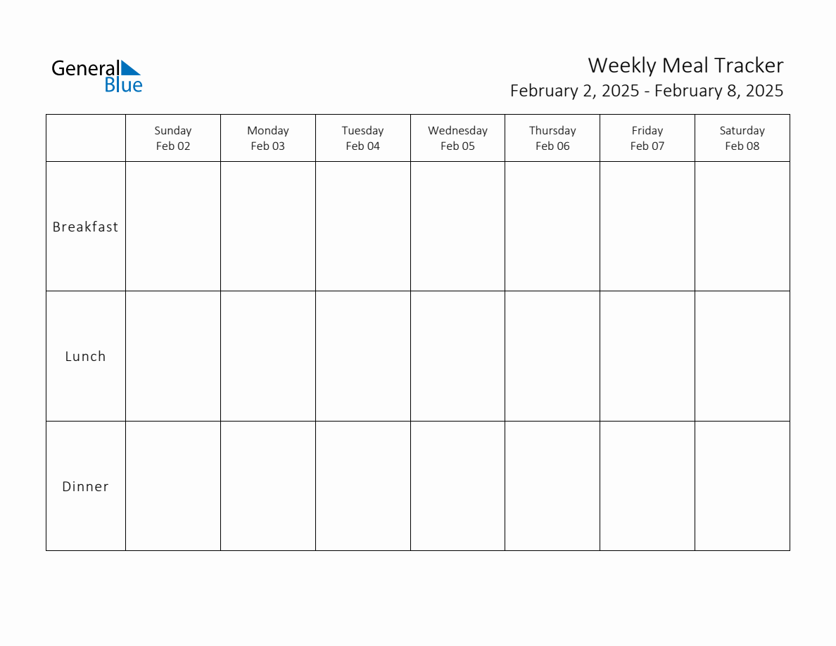 Printable Weekly Meal Tracker - Week of February 2, 2025