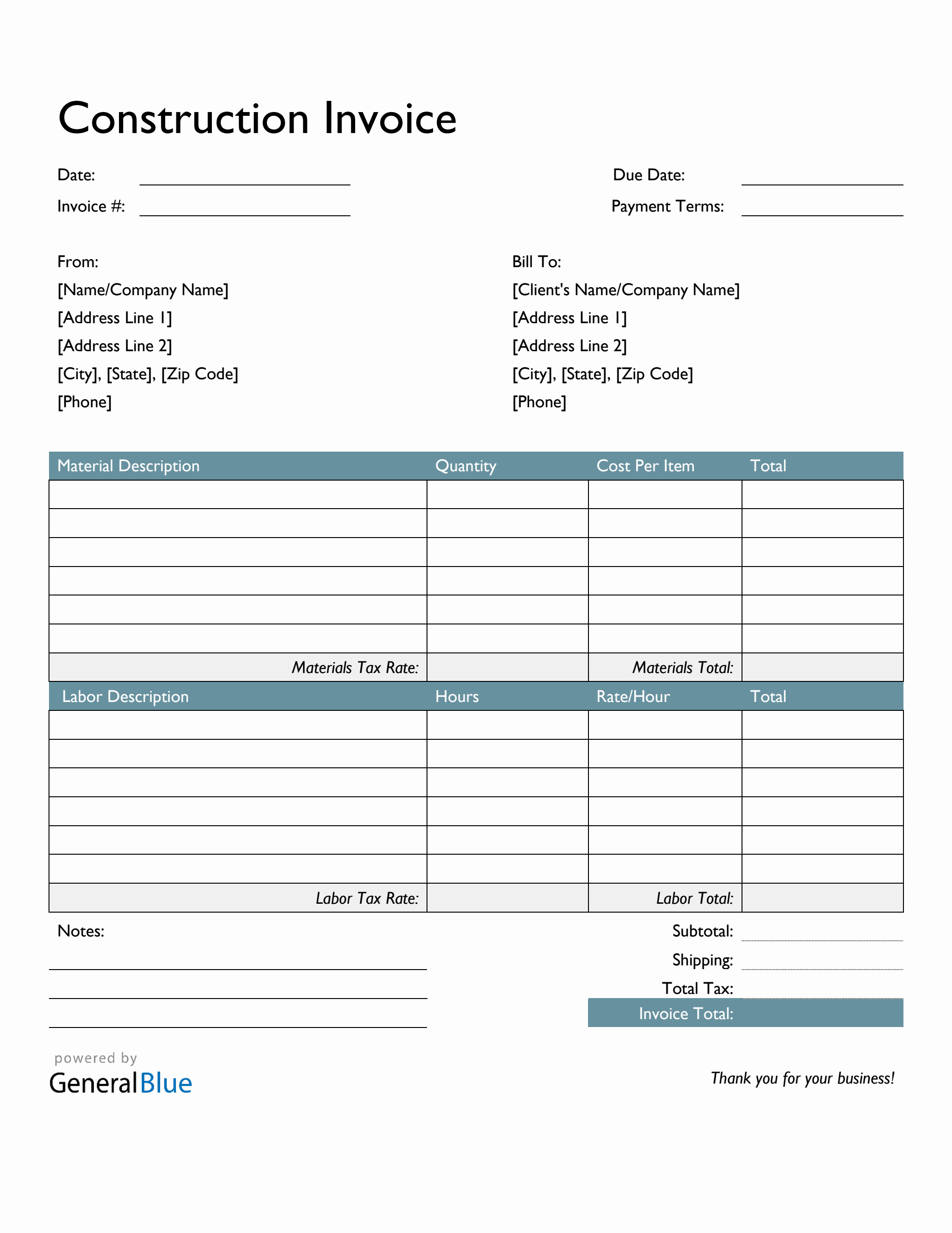 Construction Invoice Template in Word (Colorful)
