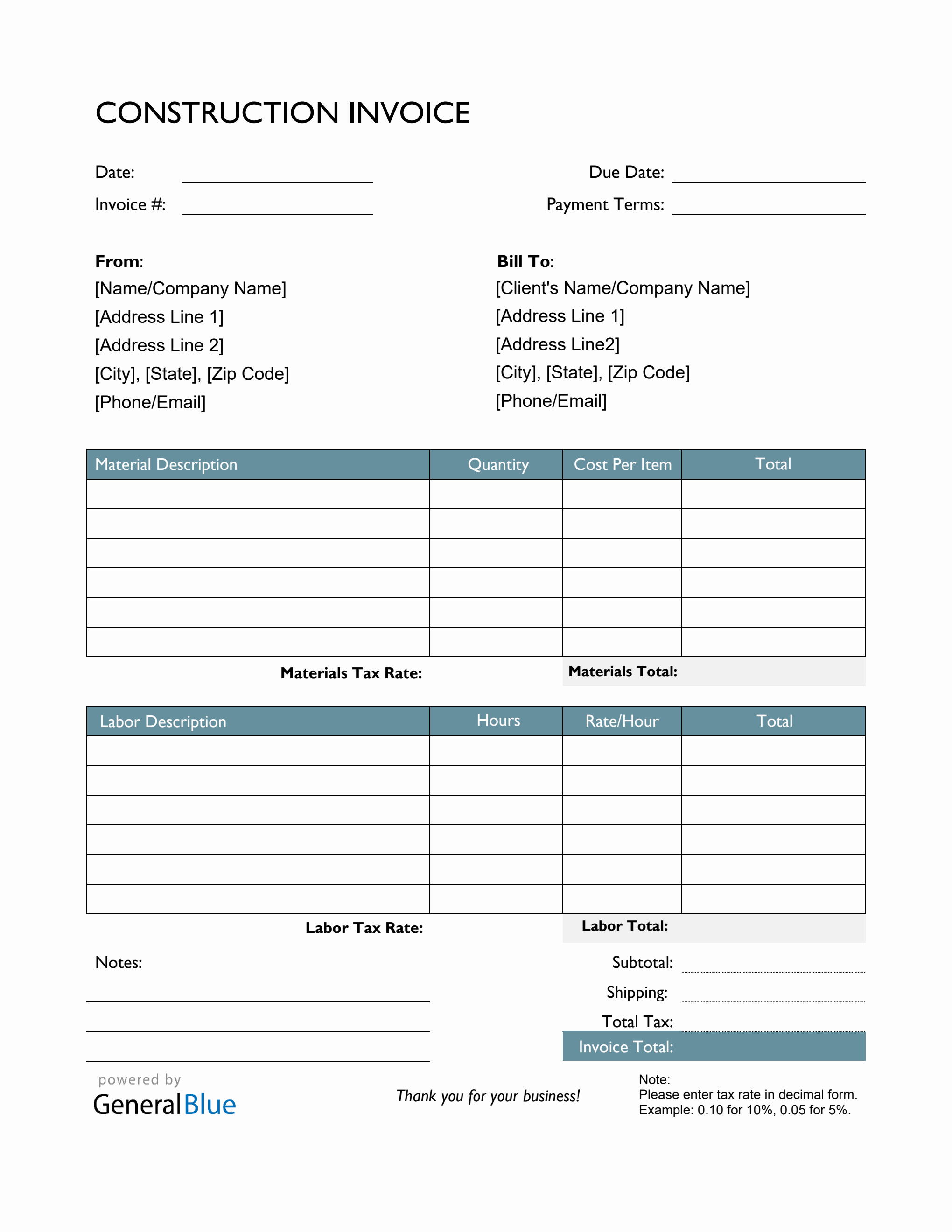 Construction Invoice Template in PDF (Colorful)