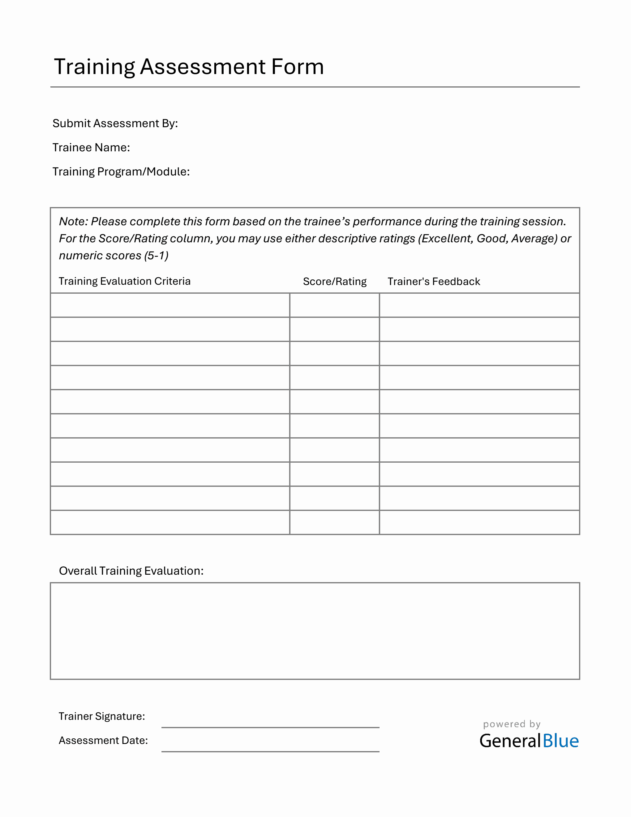 Printable Employee Training Assessment Form - Free Excel Download