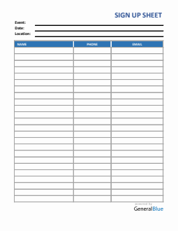 Event Sign Up Sheet in PDF