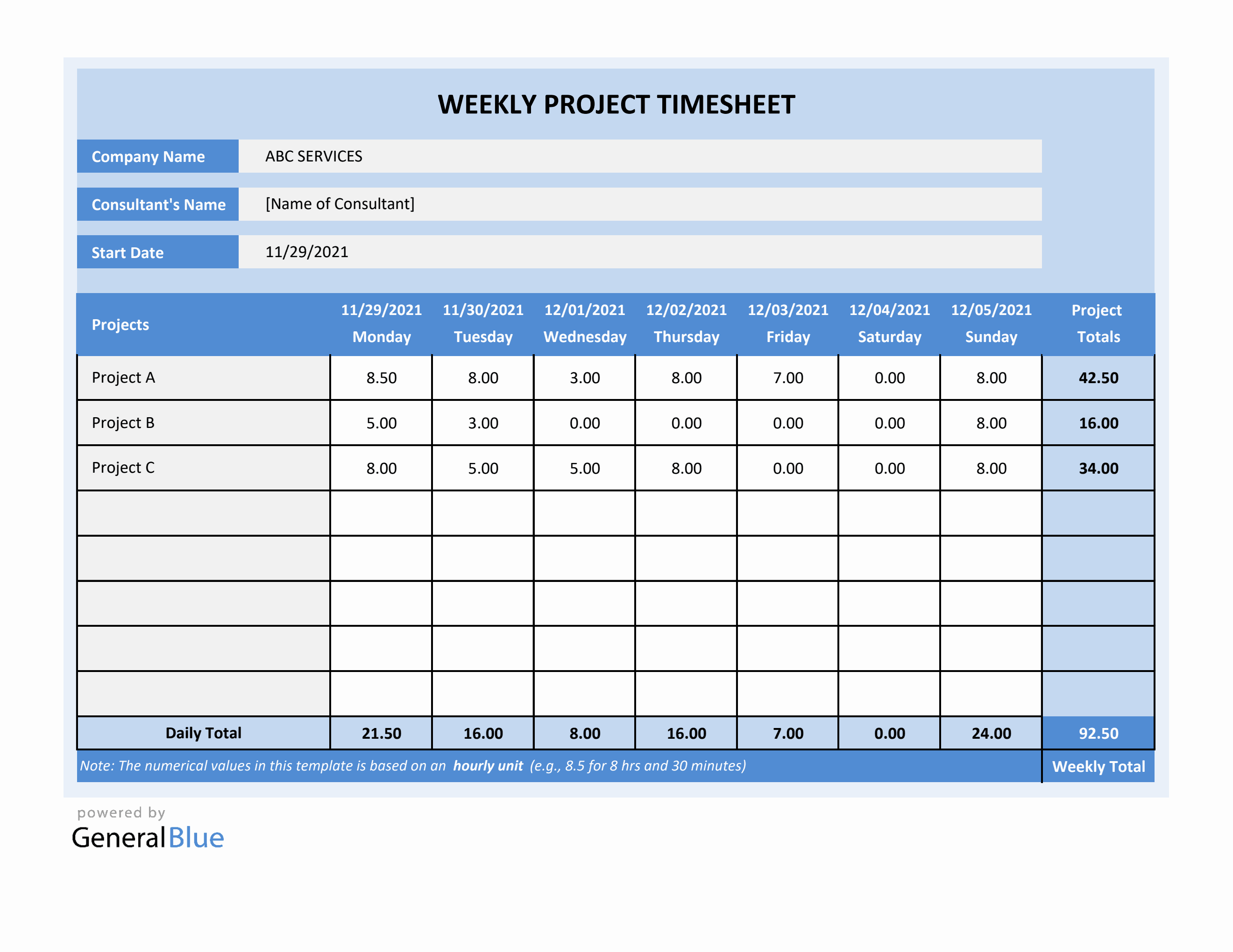 Project Timesheet in Excel (Blue)