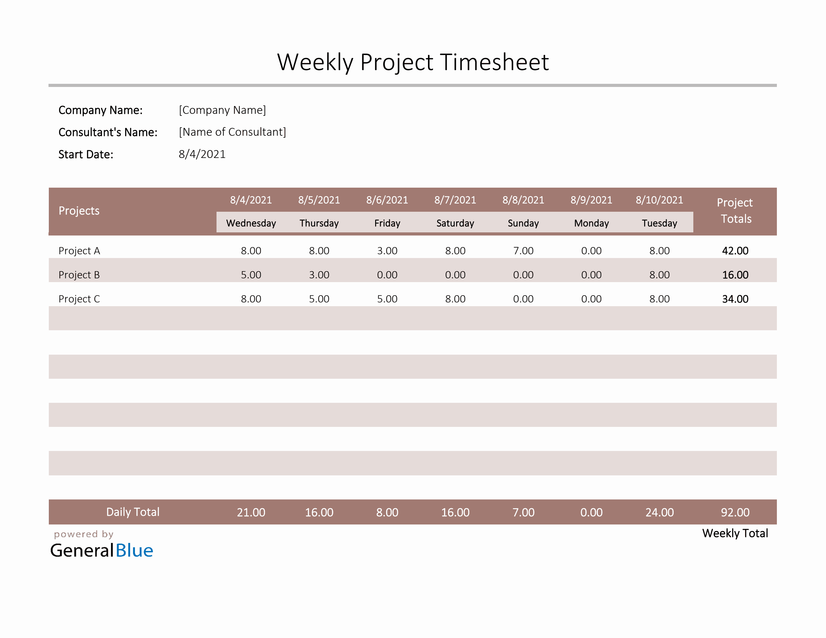 Project Timesheet in Excel (Colorful)