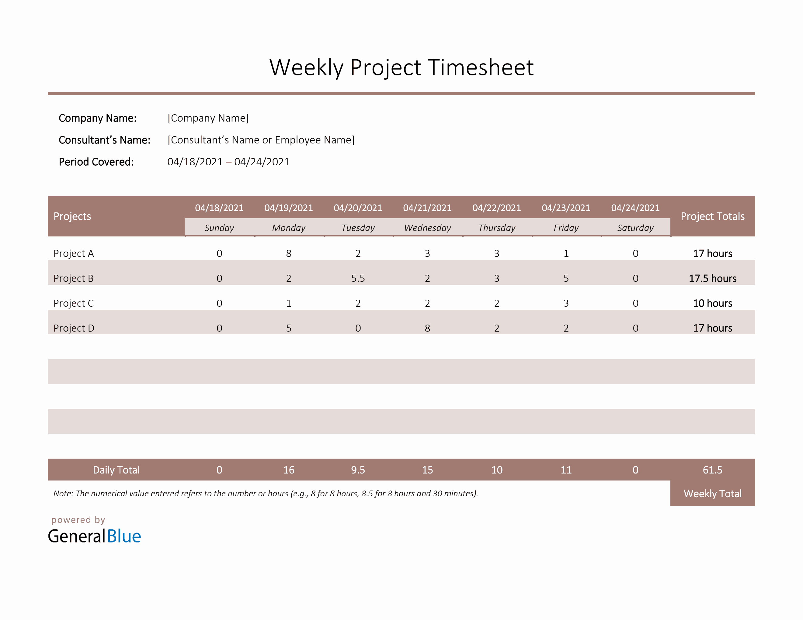 Project Timesheet in Word (Colorful)
