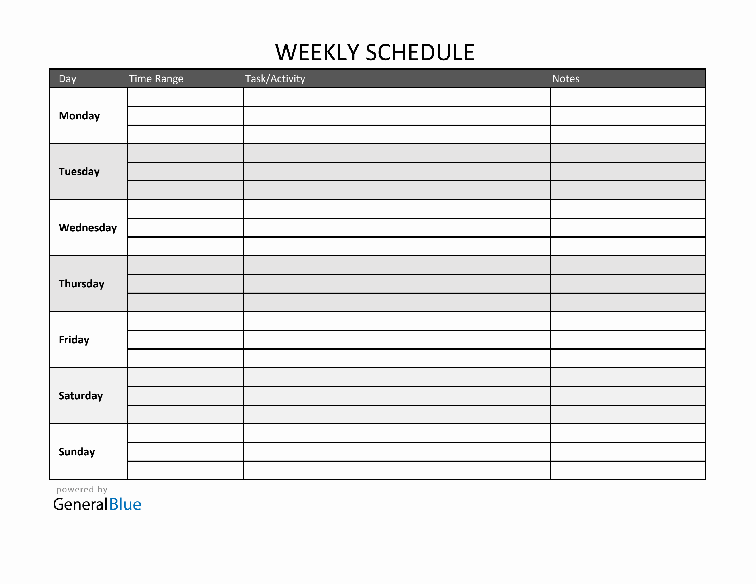 Free Weekly Schedule Template in Excel (Striped)
